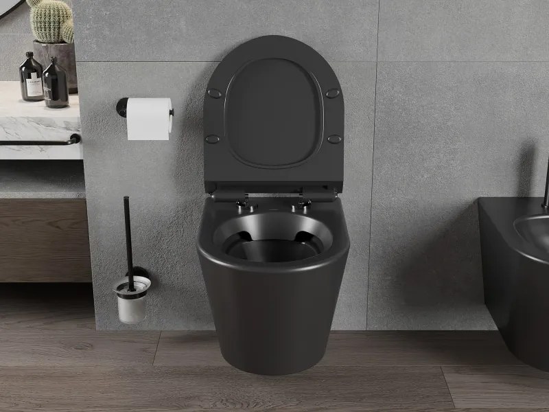 Mexen Rico závěsné wc Rimless s toaletním sedátkem Slim z duroplastu, černá matná - 30720185