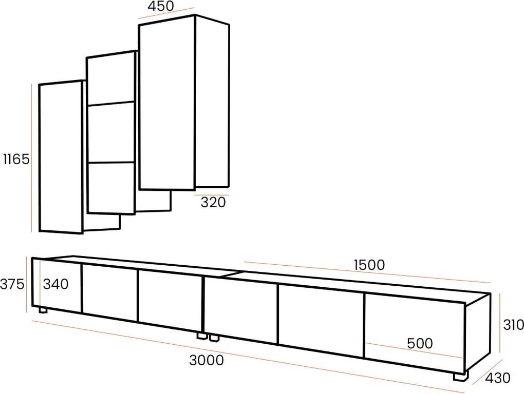 GAB Obývací stěna LORONA 17, Černá 300 cm
