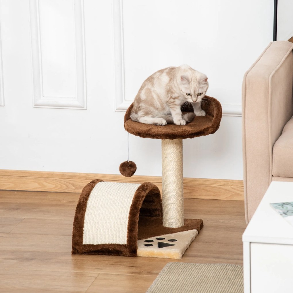 PawHut Malý Kočičí Škrabací Strom 46 cm Výška 2 Úrovně s Škrabacím Sloupkem, Škrabacím Plošinou a Hracím Míčkem 35.5x37x46 cm Hnědý