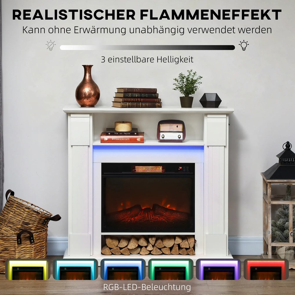 HOMCOM Elektrický krb s LED světly, realistický efekt plamenů, 1800W, krbový říms, 2 dálkové ovladače, sklo, bílá