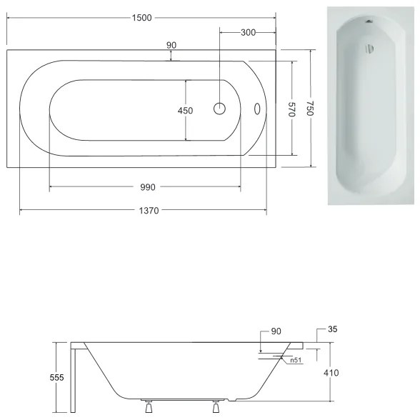NIKIDO - B Akrylátová vana INTRICA 150x75, 160x75, 170x75 Velikost: 150x75