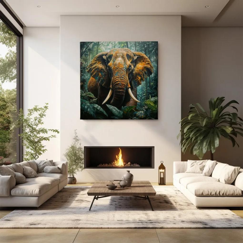 Obraz na plátně - Slon, Zlatý obr džungle, Makro portrét, Králové divočiny FeelHappy.cz Velikost obrazu: 80 x 80 cm