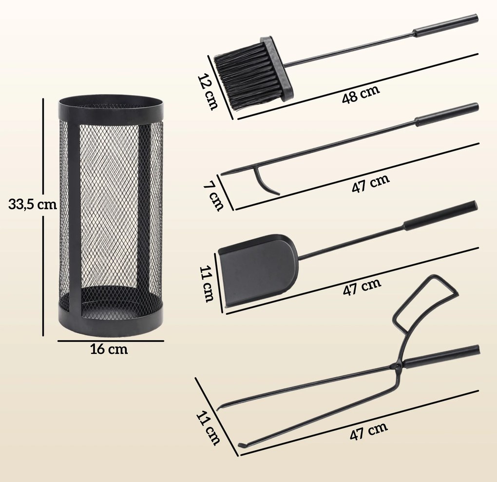 Outsunny Krbové náčiní Outsunny, 5dílná sada krbového náčiní se smetáčkem, lopatkou, kleštěmi, pohrabáčem a košem, krbová sada, kov, černá | Aosom