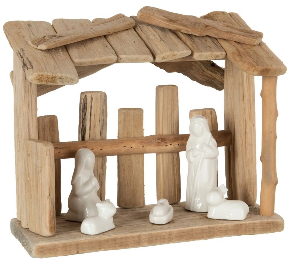 Přírodní dřevěný Betlém s porcelánovými postavičkami - 26*12*22 cm
