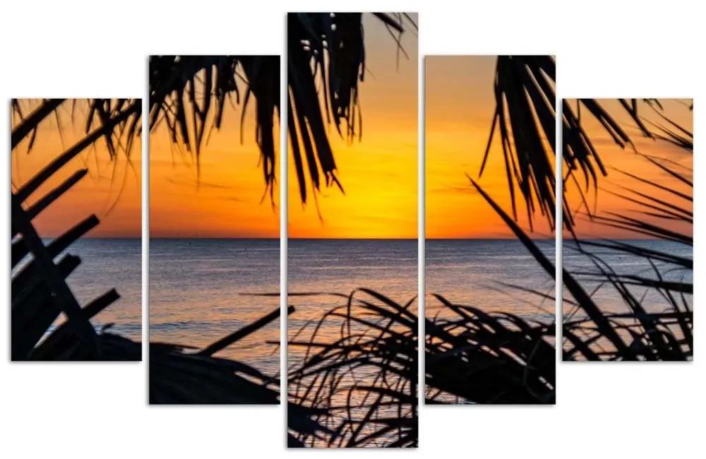 Obraz na plátně pětidílný Západ slunce s mořskou palmou - 150x100 cm
