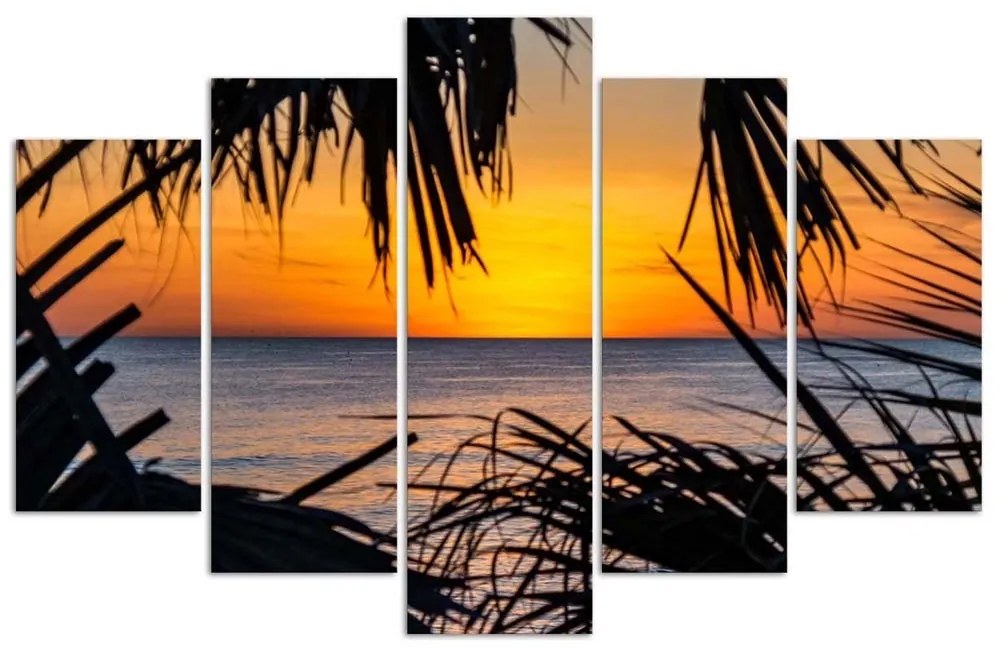 Obraz na plátně pětidílný Západ slunce s mořskou palmou - 200x100 cm