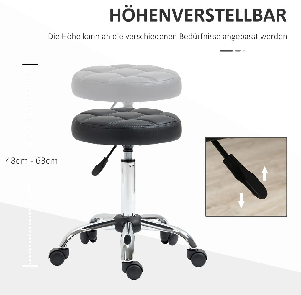 HOMCOM Vinsetto Roll Stool Výškově nastavitelná otočná pracovní stolička černá Ø35,5 cm, umělá kůže pro kancelář a salon 51-67 cm | Aosom.de