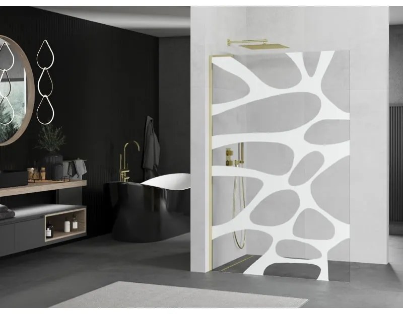 Mexen Kioto L, sprchová zástěna Walk-In 100 x 200 cm, 8mm čiré sklo bílý vzor, zlatý lesklý profil, 800-100-103-50-97