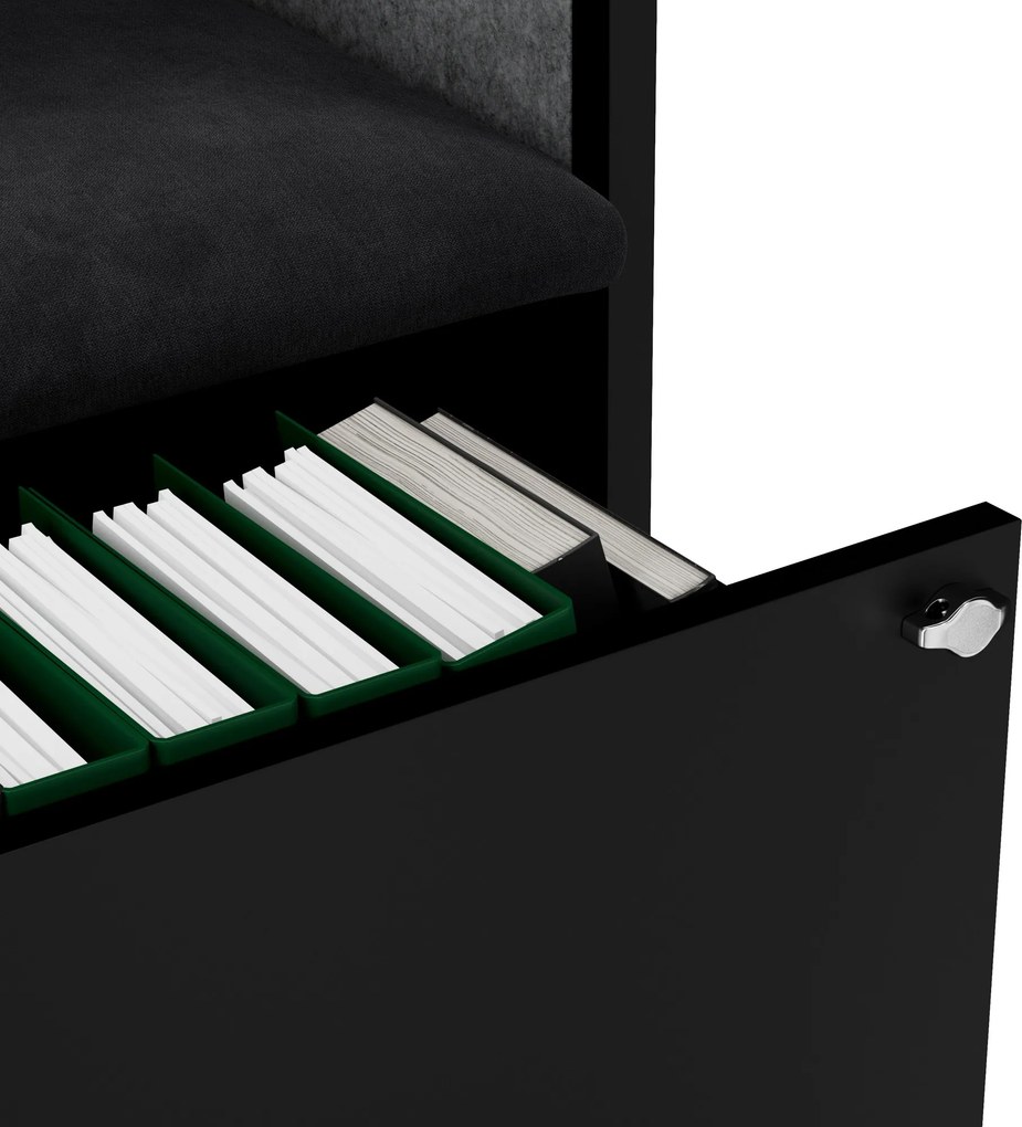 Kancelářská akustická kabina se sedátkem a USB-C portem, korpus černý / sedák tmavě šedá, 600 mm: SALLY MentalBox