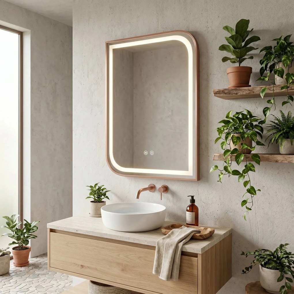 Rea Zrcadlo 70x50 cm s vyhříváním a regulovatelným LED osvětlením HOM-00304 růžová zlatá kartáčovaná