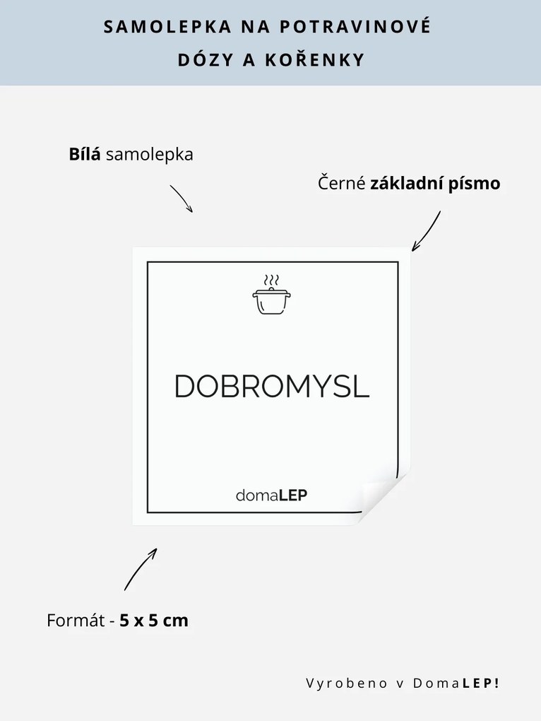 Samolepka na kořenky DOBROMYSL bílá 5 × 5 cm základní písmo