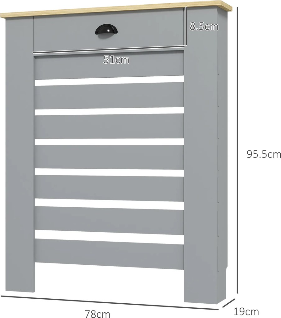 HOMCOM kryt radiátoru z MDF s lamelami, mřížkový kryt se zásuvkou, 78x19x95,5 cm, šedý