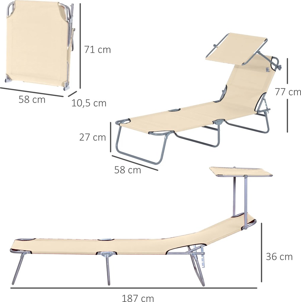 Outsunny lehátko zahradní lehátko wellness lehátko plážové lehátko skládací s ochranou proti slunci Béžová 187 x 58 x 36 cm | Aosom