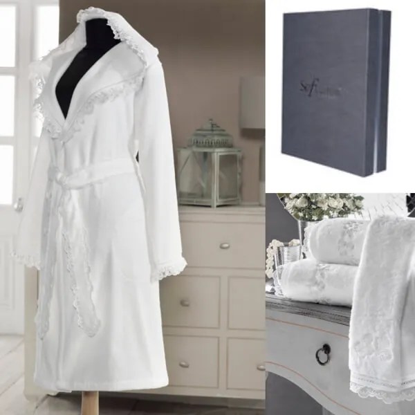 Soft Cotton Dárkové balení županu, ručníku a osušky LUNA, Bílá, 420 gr / m², Česaná prémiová bavlna 100%, S výšivkou - vel. S
