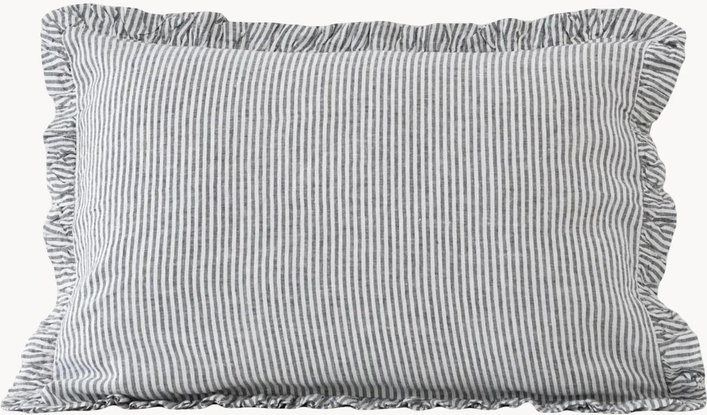 Ručně vyrobený lněný povlak na polštář s volány Black Stripe