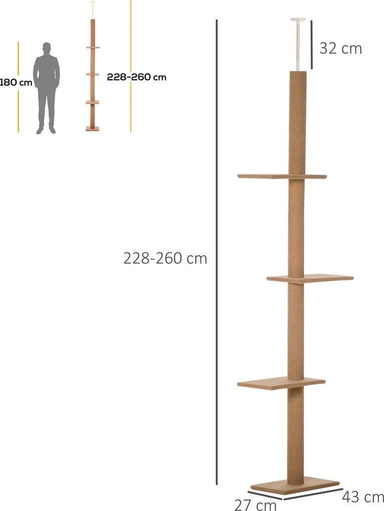 PawHut Výškově nastavitelné škrabadlo Šplhací strom pro kočky Strom na hraní Světle hnědý 43x27x228-260cm pro aktivní hraní a odpočinek | Aosom.de