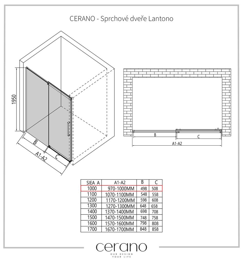 CERANO - Sprchové posuvné dveře Lantono L/P - chrom, transparentní sklo - 100x195 cm