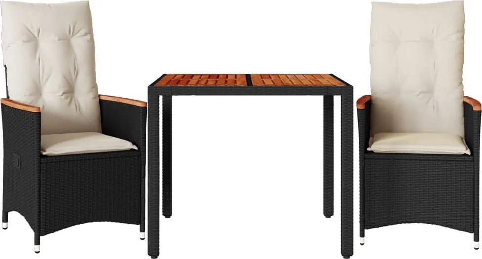 3dílný bistro set s poduškami černý polyratan 3276831