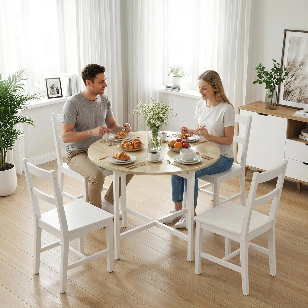 HOMCOM skládací kulatý jídelní stůl pro 2–4 osoby, úspora místa, sklopné desky, ocelový rám, dekor dřeva/bílá, 80 x 76 cm