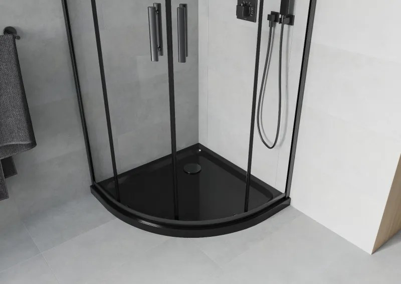 Mexen Rio, čtvrtkruhový sprchový kout 90 x 90 cm, 6mm čiré sklo, černý profil + černá sprchová vanička, 863-090-090-70-00-4170B
