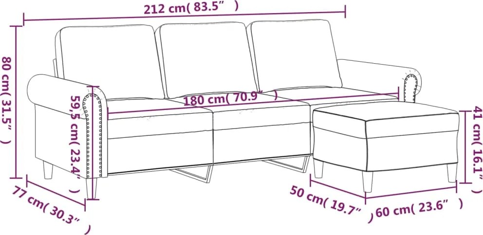 3místná pohovka s podnožkou vínová 180 cm samet 3201219