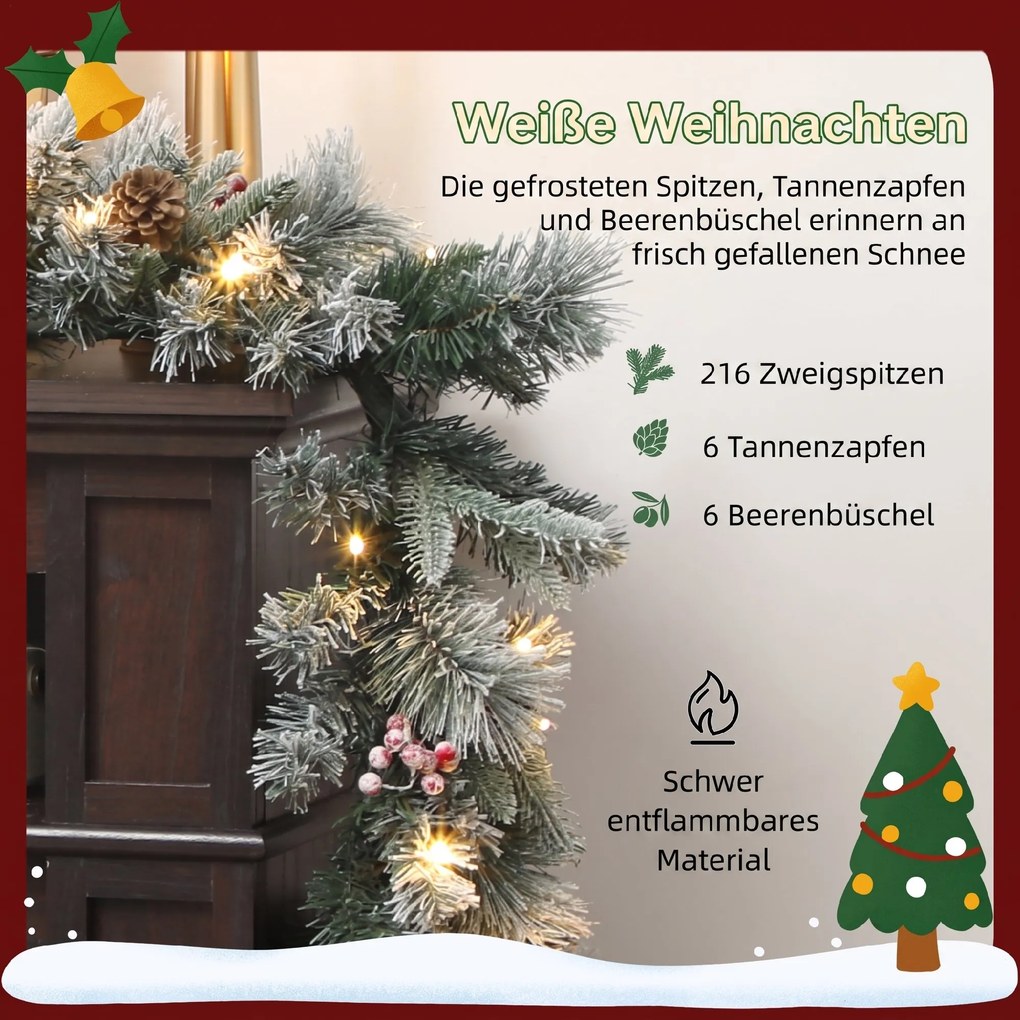 HOMCOM Vánoční girlanda s 216 větvičkami posypanými sněhem, 50 LED světýlek, Ø25x180 cm, zelená & bílá