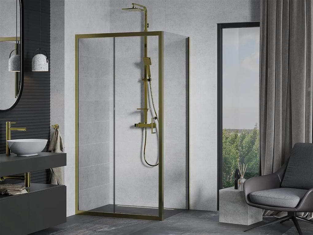 Mexen Apia sprchový kout s posuvnými dveřmi 140 (dveře) x 70 (stěna) cm, 5mm čiré sklo, zlatý profil, 840-140-070-50-00