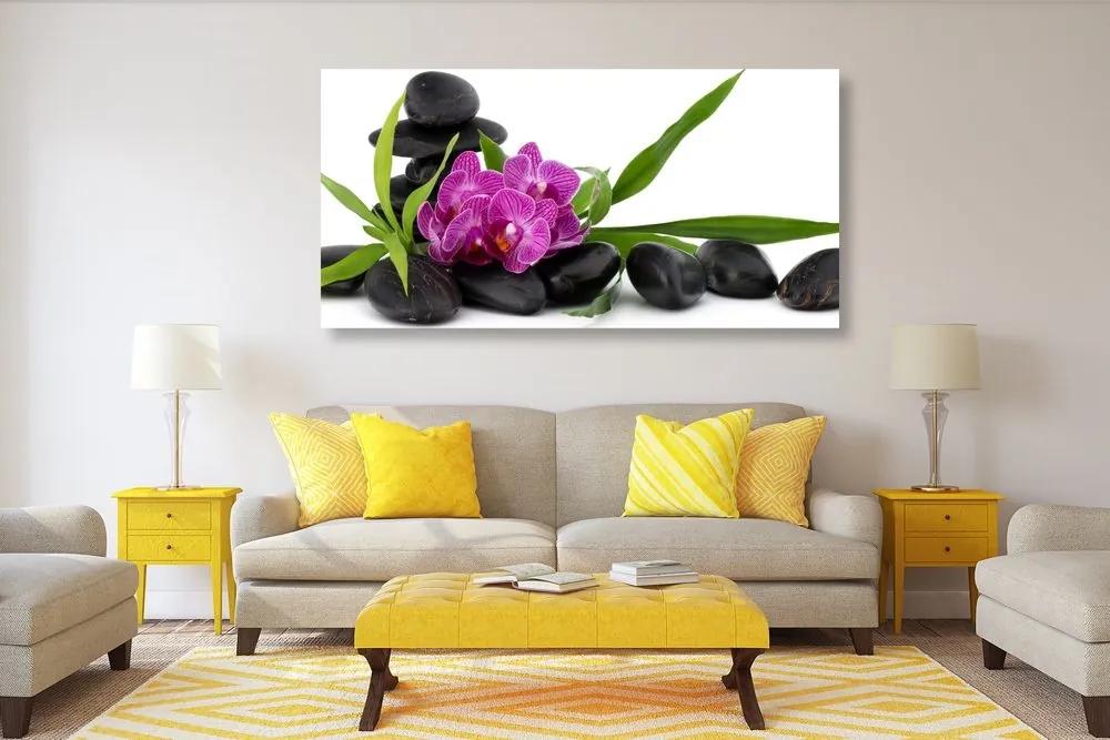 Obraz fialová orchidej v Zen zátiší - 100x50 cm