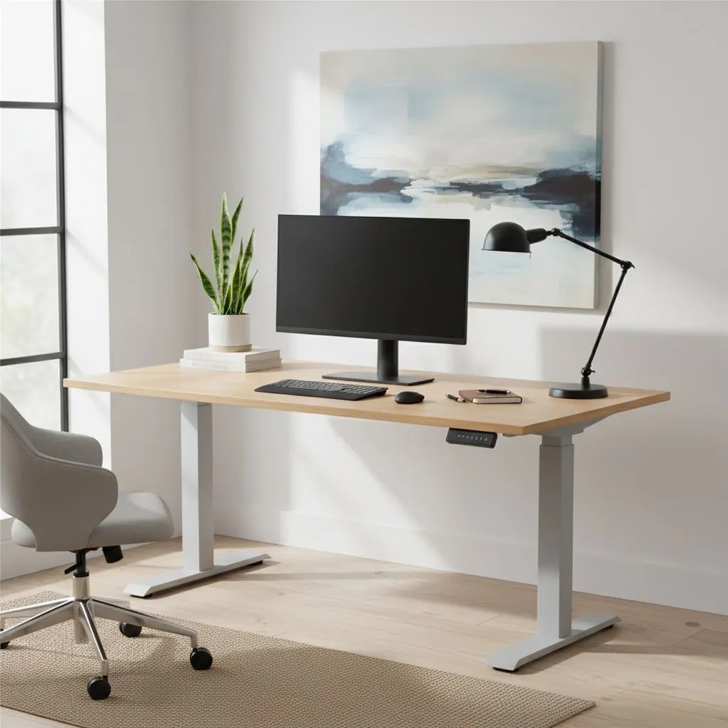 Výškově nastavitelný stůl OfficeTech D, 160 x 80 cm, šedá podnož, dub kraft