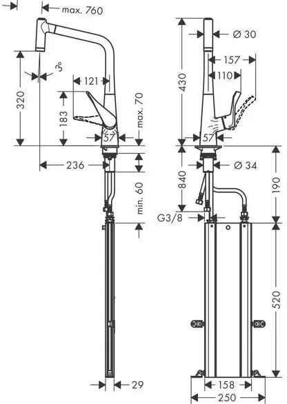 Hansgrohe Metris M71 Dřezová baterie se sprškou, 2-polohová, chrom 73801000