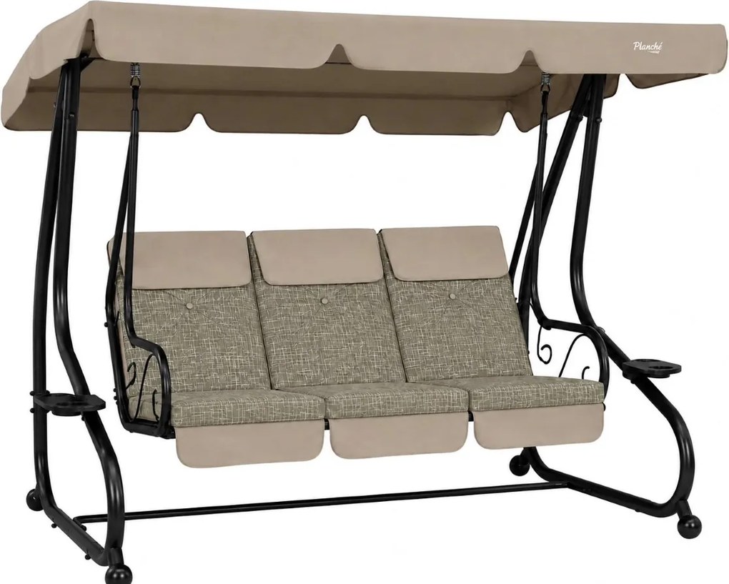 GardenLine Luxusní zahradní houpačka s lůžkem a držáky na nápoje pro 3 osoby 200 × 120 × 164 cm SORENTINO Mesh Taupe béžová