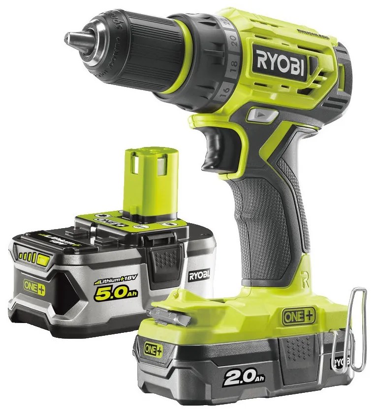 Ryobi R18DD7-252S aku bezuhlíkový 18 V šroubovák/vrtačka + 1x 2Ah + 1x 5Ah baterie + nabíječka ONE+