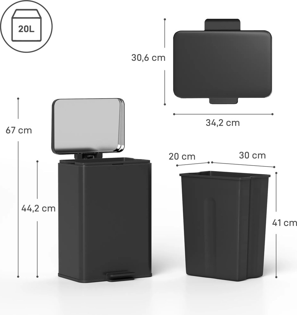 HOMCOM Odpadkový koš 20 L Pedálový koš s víkem s tichým zavíráním, vyjímatelný vnitřní koš, matně černý, 34,2 x 30,6 x 44,2 cm