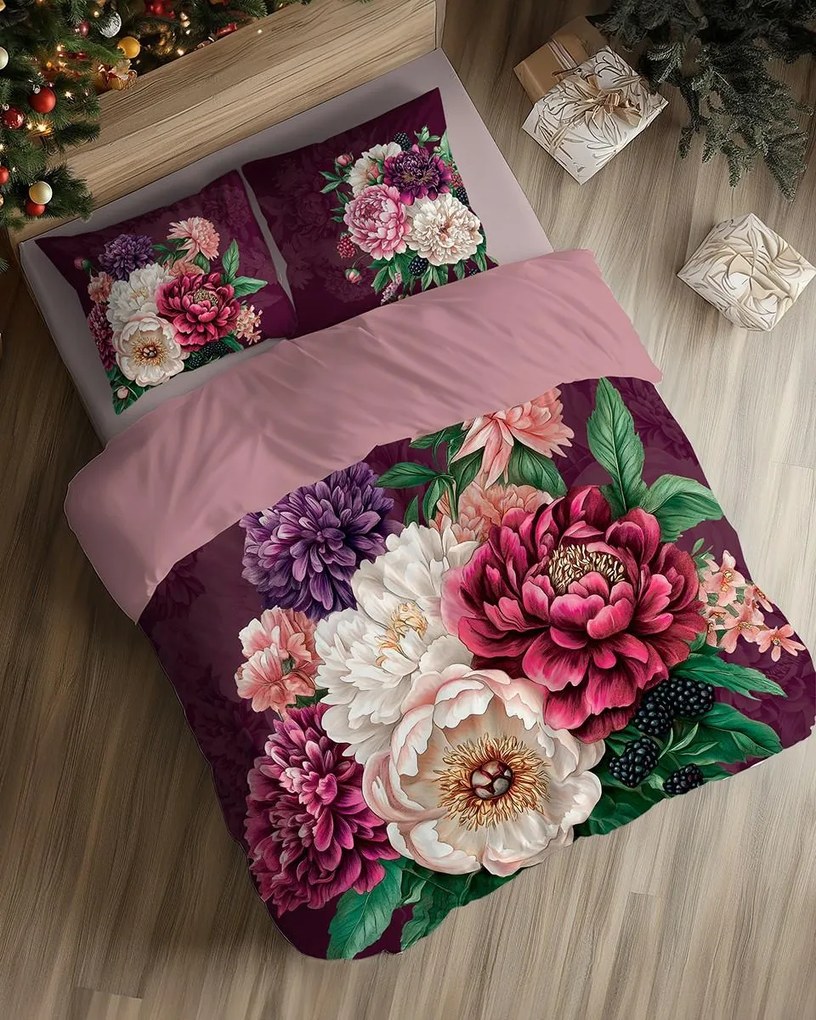 Detexpol Bavlněné povlečení 220x200 vínově růžové s pivoňkami a jiřinami – 5829 A – Celoroční sada ložního prádla Floral Elegance