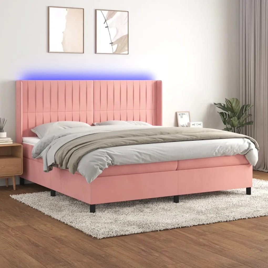 Box spring postel s matrací a LED růžová 200x200 cm samet 3139708