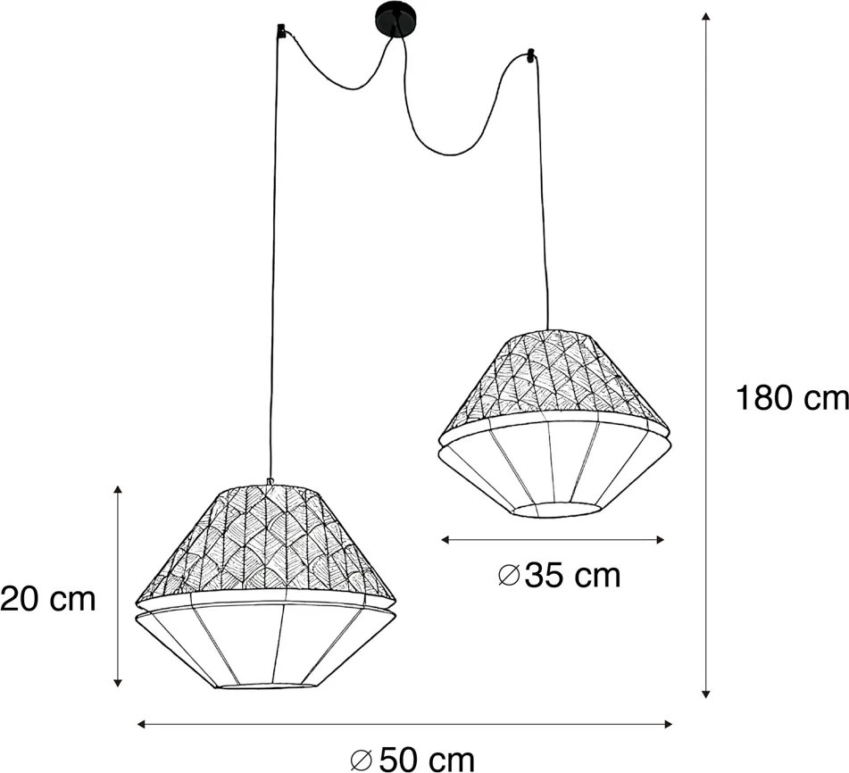 Závěsné svítidlo černé s dvojitým sametovým stínidlem s motivem listů a béžové barvy 2-světla - Cava Luxe