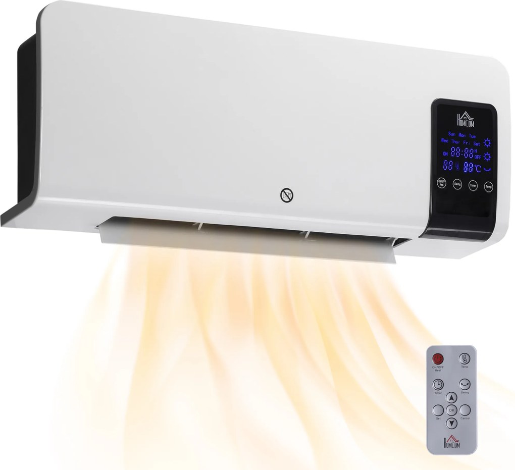 HOMCOM Elektrické topení, nástěnná montáž, oscilační funkce, 2 režimy, časovač, LED displej, bílá
