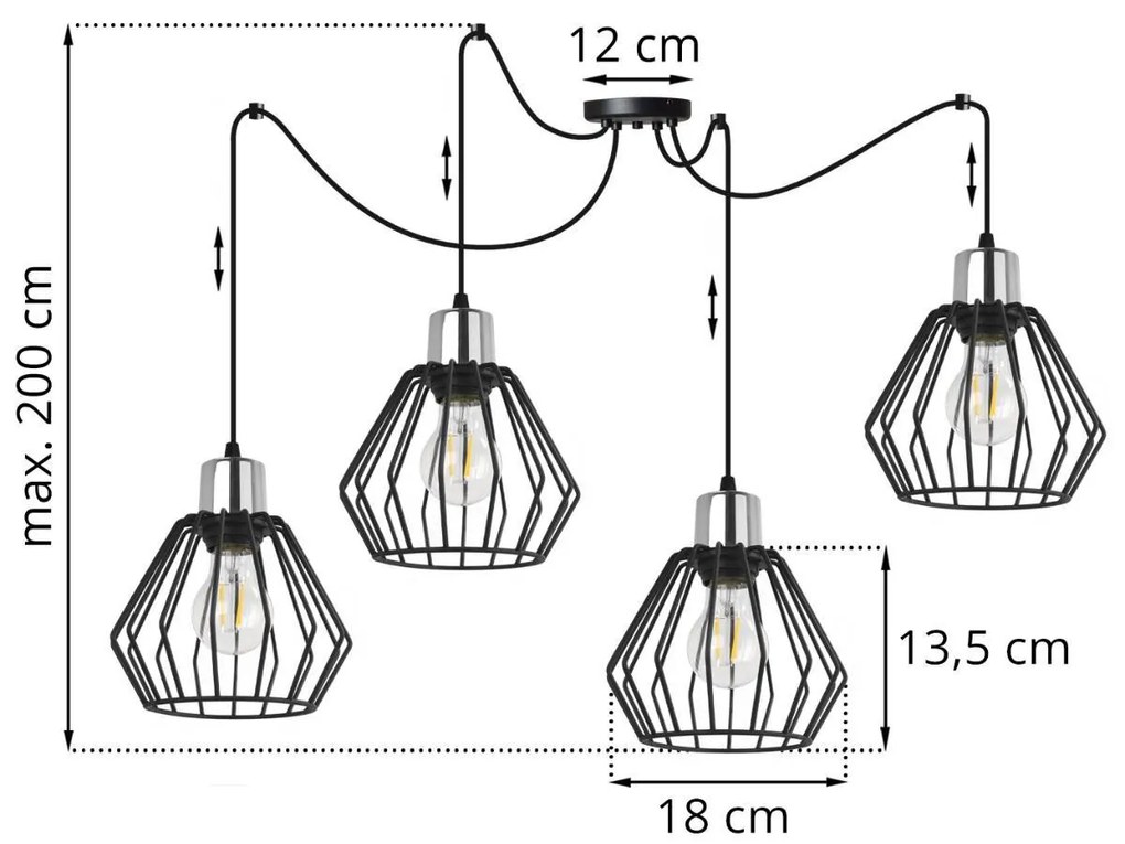 Závěsné svítidlo Nuvola Spider 4, 4x černé drátěné stínítko,