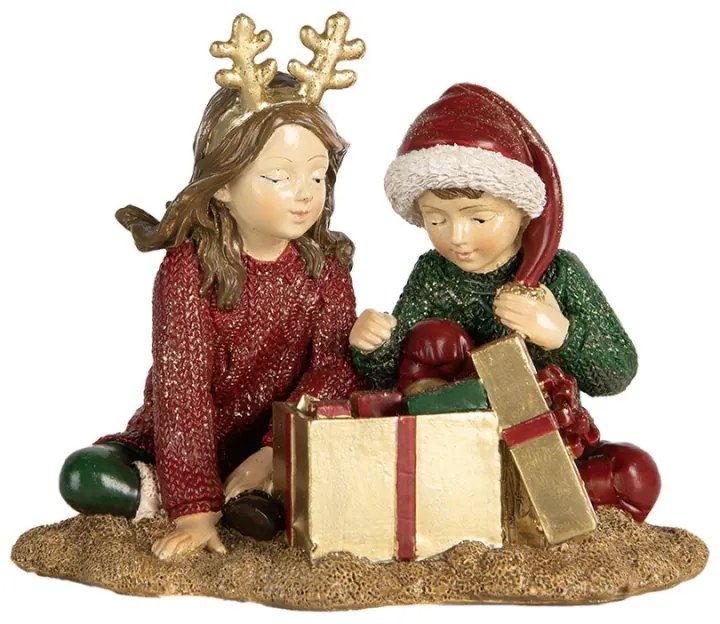 Vánoční dekorace figurka dětí rozbalujících vánoční dárečky – 14x9x11 cm