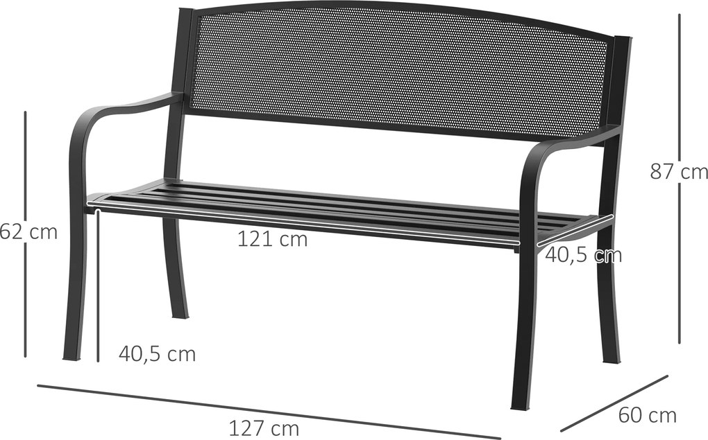 Outsunny Zahradní lavička parková 2místná zahradní ocelová černá Š127 x D60 x V87cm