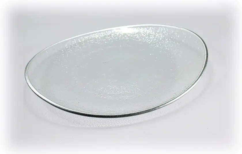 BDK-GLASS Skleněný oválný talíř OVAL ELLA čirý se stříbrným okrajem Rozměr: 30x23cm