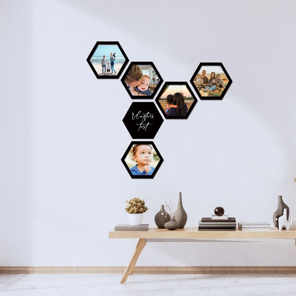 dřevo života Sada fotorámačků HEXAGON Zvolte barvu dekoru: Černá, Velikost fotorámečků: 13x18, Text: Vlastní text
