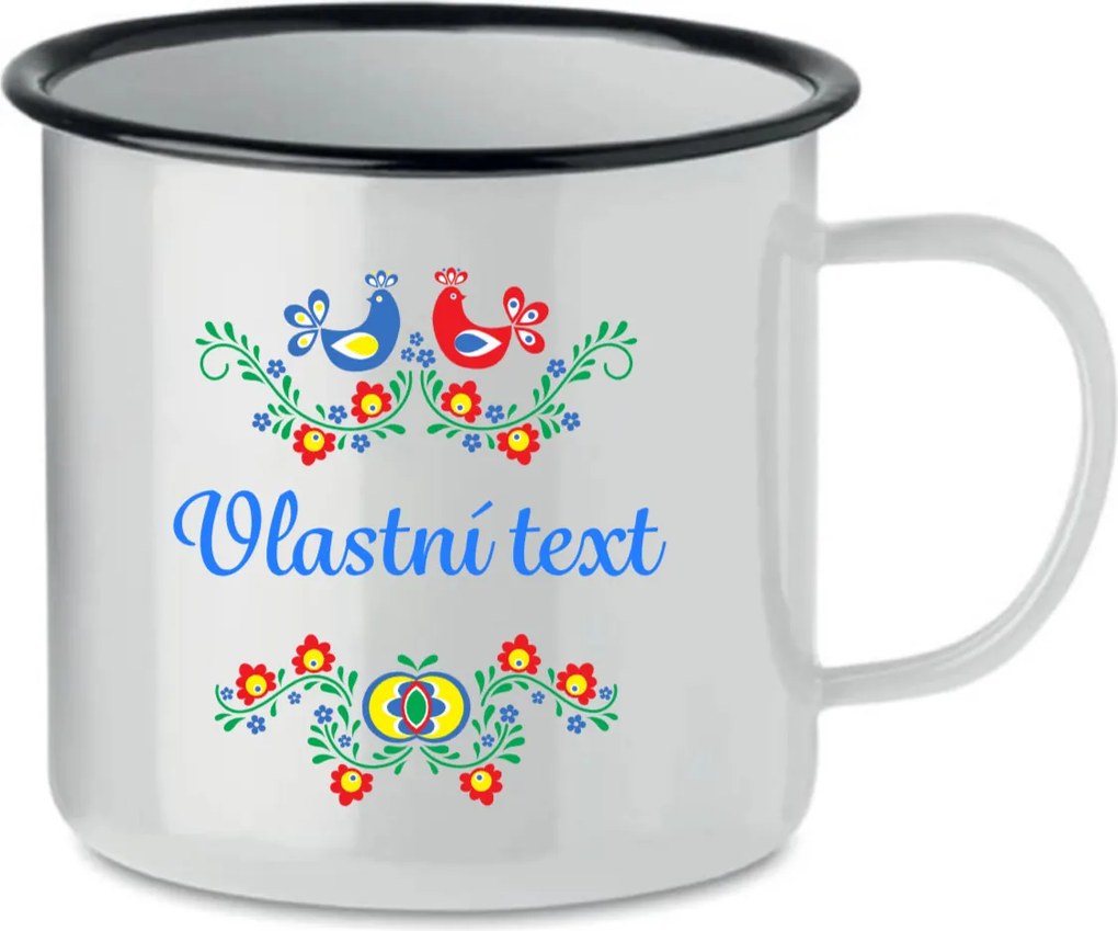 Personalizovaný bílý retro plecháček s folklórním vzorem