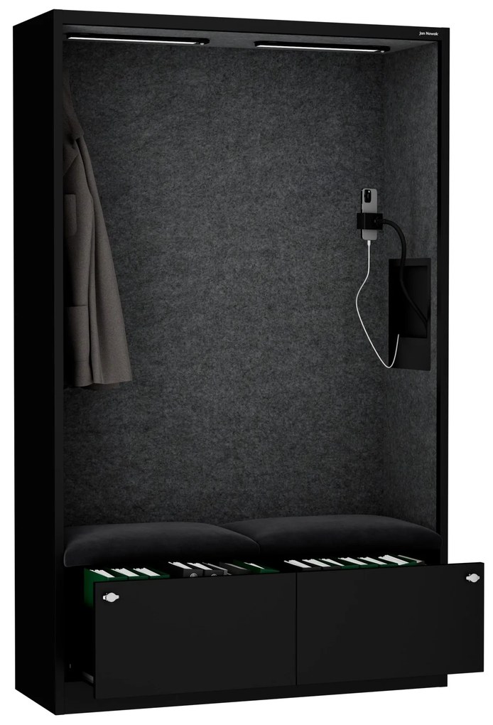 Kancelářská akustická kabina se sedátkem a USB-C portem, korpus černý / sedák tmavě šedá, 1150 mm: SALLY MentalBox
