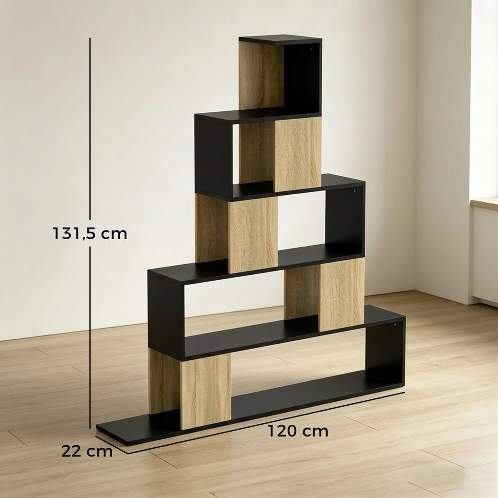 HOMCOM Úložný regál, geometrický 5patrový knihovník do kanceláře, obývacího pokoje, ložnice, černá a přírodní dřevo
