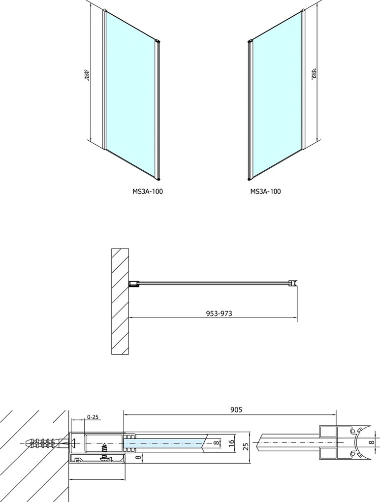 Polysan, MODULAR SHOWER stěna pro instalaci na zeď, pro připojení otoč.panelu 1000 mm, MS3A-100