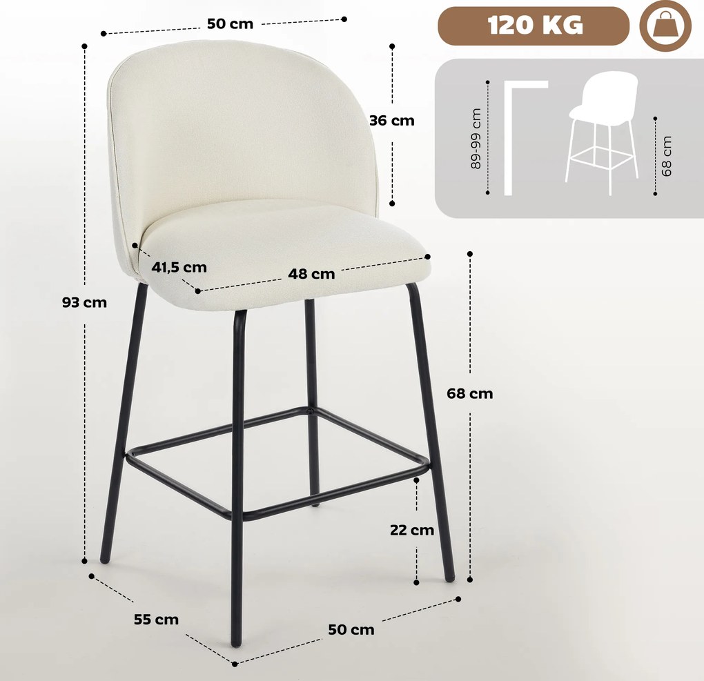 HOMCOM Set 2 barových židlí, barové židle, opěrka nohou a opěradlo, látka v lněném vzhledu, výška sedáku 68 cm, krémové
