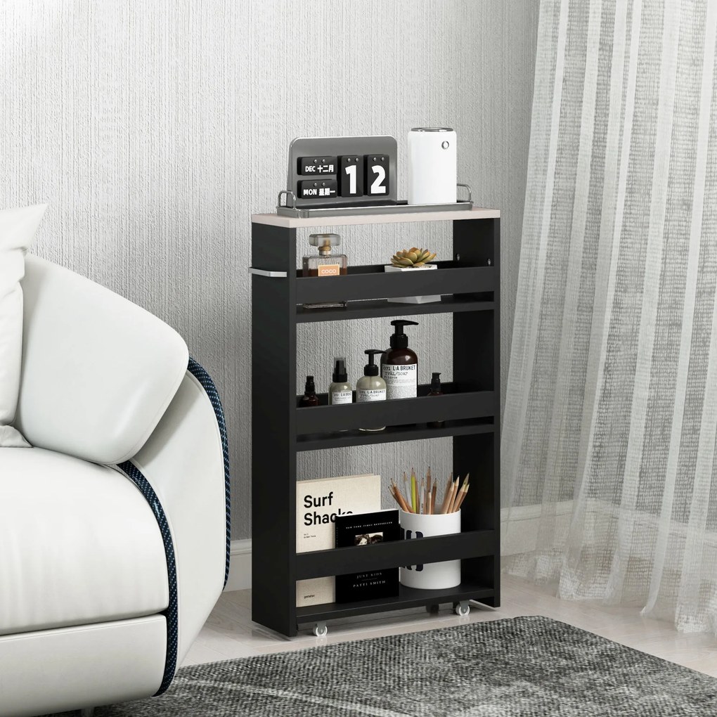 Kleankin 3-vrstvý úložný vozík na kolečkách pro užší kuchyň, koupelnu, prádelnu a kancelář s rukojetí - 48 x 15 x 80 cm Černý