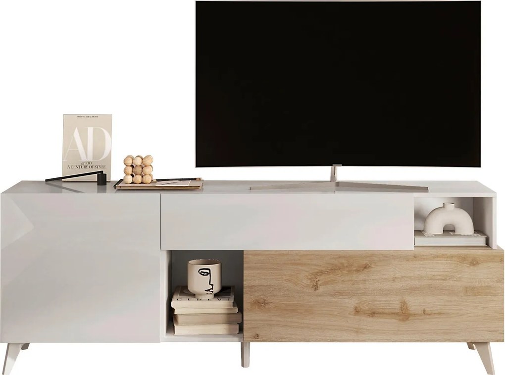 XXXLutz KOMODA POD TELEVIZI, barvy dubu, vysoce lesklá bílá, 181/67/42 cm Carryhome - Online Only obývací stěny - 000196037501