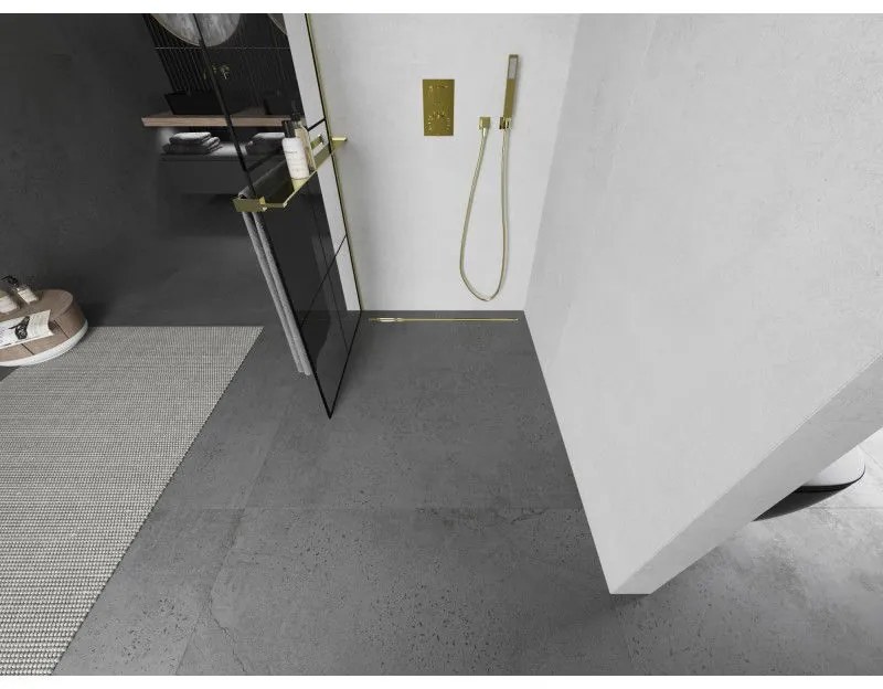Mexen Kioto+ L, sprchová zástěna Walk-In s poličkou a věšákem 90 x 200 cm, 8mm čiré sklo černý vzor, zlatý lesklý profil, 800-090-123-50-77